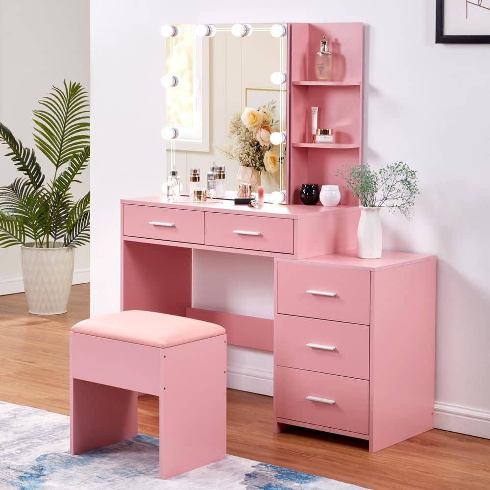 Karl home Pink 5-Drawer Makeup Vanity Set with Mirror and Adjustable ...