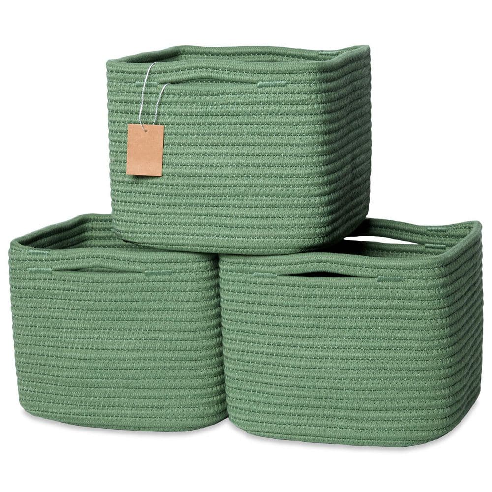 Green 9 in. x 7 in. Cotton Rope Woven Cube Storage Decorative Basket ...