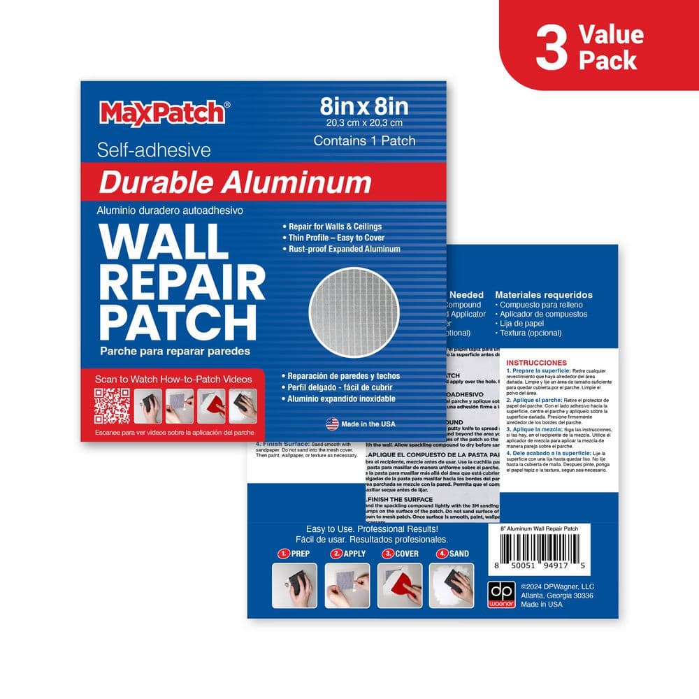 MaxPatch MaxPatch 8 in. x 8 in. Aluminum Self-Adhesive Wall Repair Patch (3-Pack) MP8X8A3P - The ...