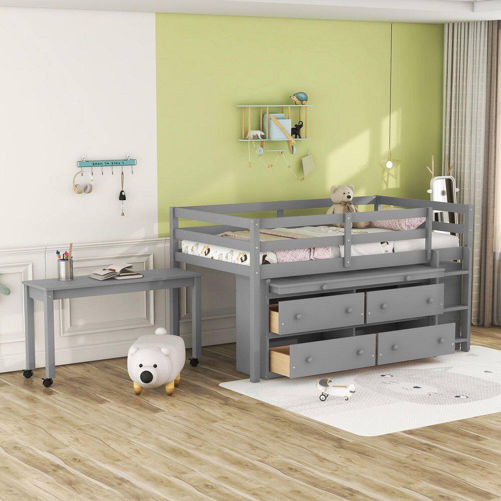Polibi Gray Twin Size Wood Loft Bed with Retractable Writing Desk and 4-Drawers, Lateral ...