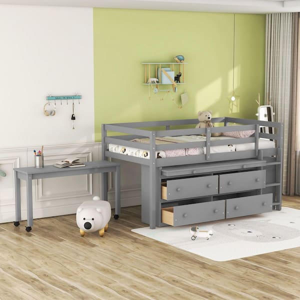 Polibi Gray Twin Size Wood Loft Bed with Retractable Writing Desk and 4-Drawers, Lateral ...