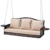 Zeus & Ruta 3-Person Outdoor Wicker Hanging Porch Swing with Khaki ...