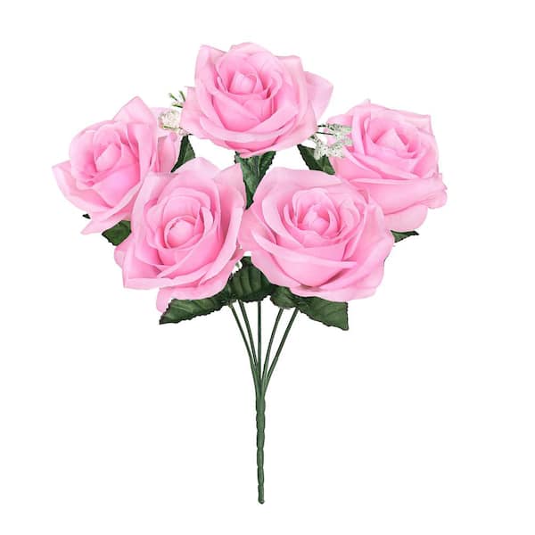 LIVING LUXURY 14 in. Pink Artificial Open Rose Flower Stem Bush Bouquet ...