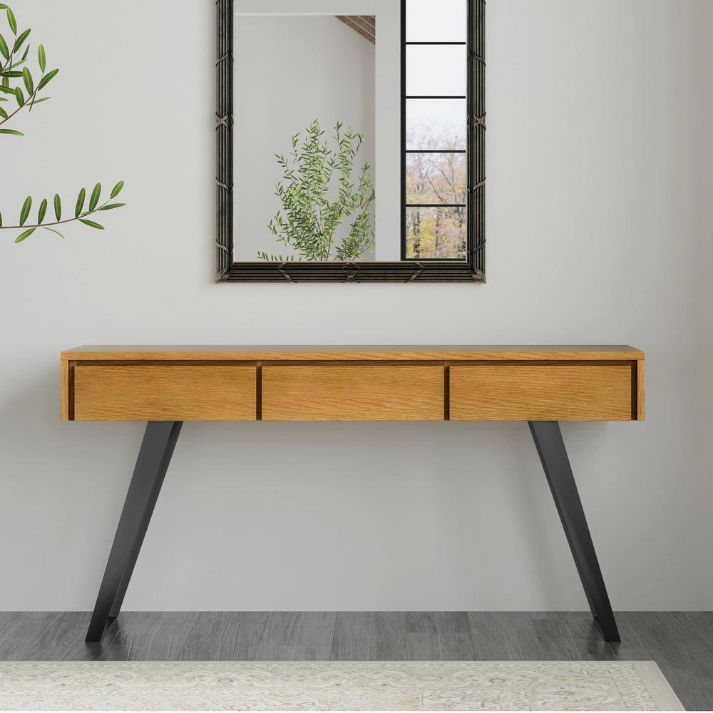 Simpli Home Lowry 60 in. Oak Veneer Wide Rectangle Modern Industrial ...