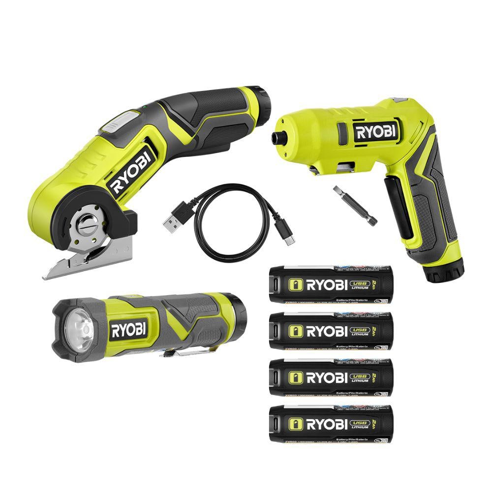 RYOBI USB Lithium 3-Tool Combo Kit w/ Flashlight, Screwdriver, Cutter ...