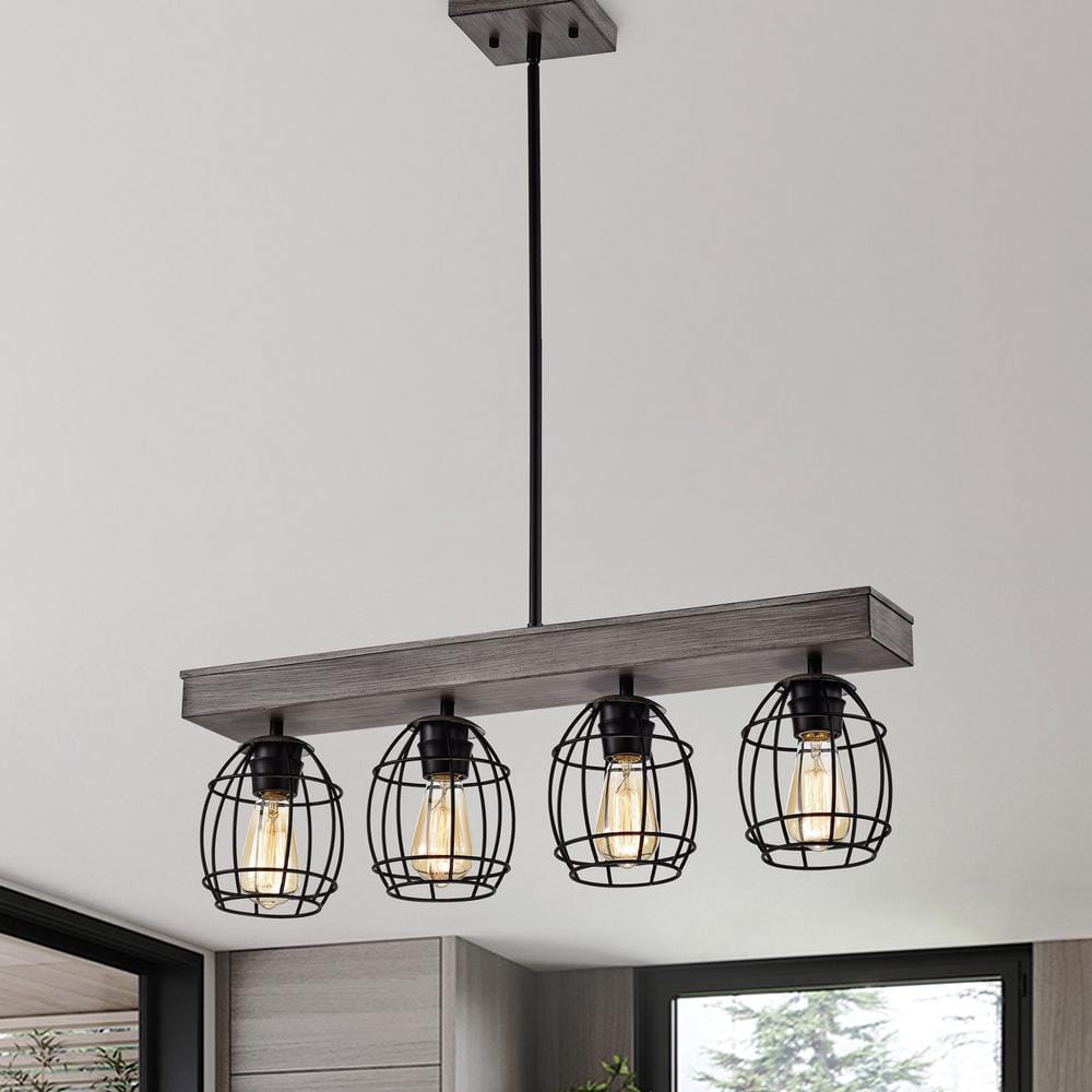 Edvivi Triscot 4-Light Modern Farmhouse Gray Wood Linear Pendant with ...