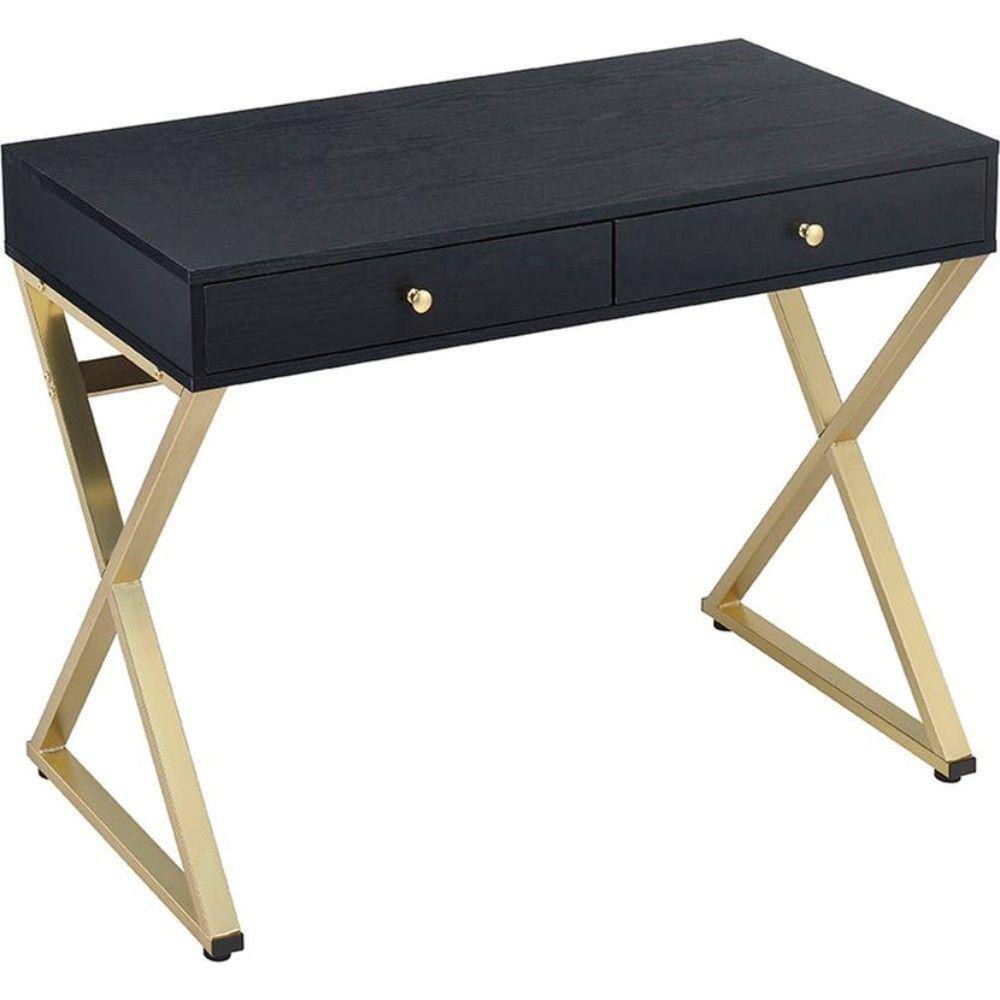 Benjara 19 in. W Rectangular Black and Gold 2-Drawer Wooden Desk with ...