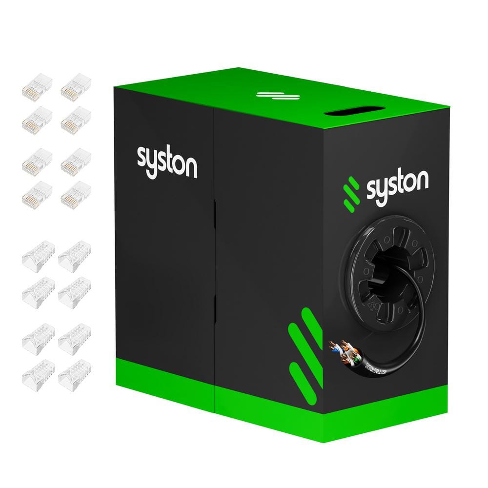 SYSTON CABLE TECHNOLOGY 500 ft. Black 23AWG Solid Copper CAT6E CMR ...