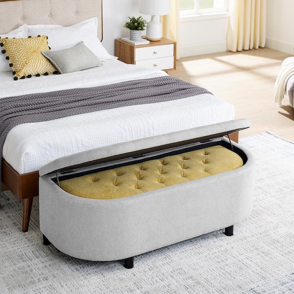 Gray and Yellow Linen Button Tufted Half Moon Storage Ottoman with ...