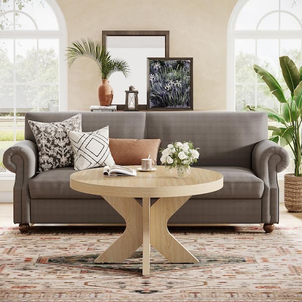 BYBLIGHT Allan 31.5 in. Oak Round MDF Coffee Table Modern Center Table with Double X Shaped Wood Base for Living Room BB F2075QP