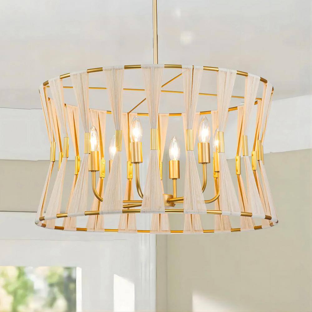 RRTYO Tabor 6-Light Ivory White Hourglass Pendant Light with Hemp Fly ...