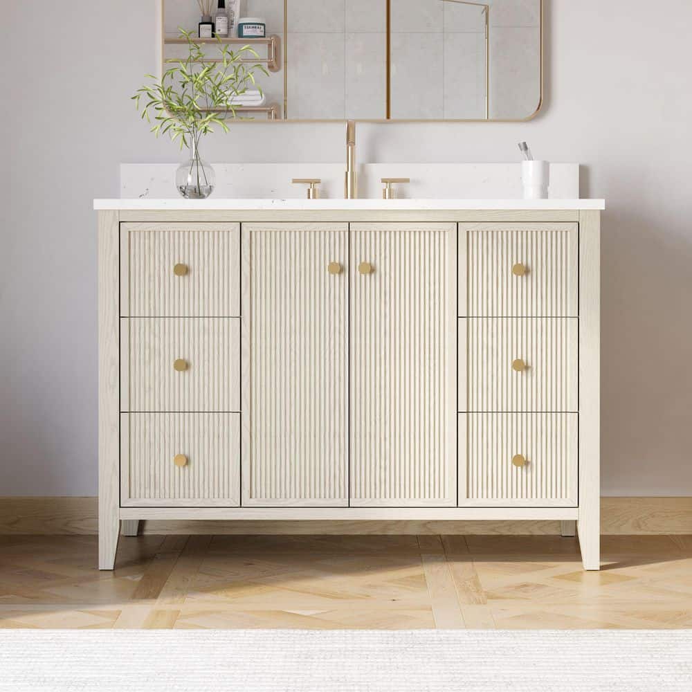 WELLFOR 48 in. Ash Freestanding Bath Vanity with White Quartz Top, 4 in ...