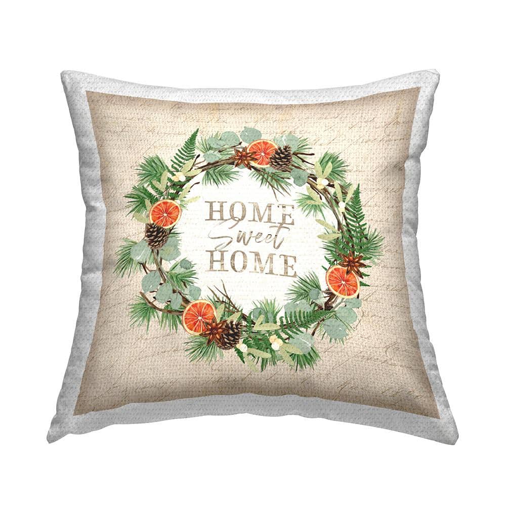 Stupell Industries Sweet Home Vintage Cursive Script Wreath Tan Square Outdoor Throw Pillow pla ...