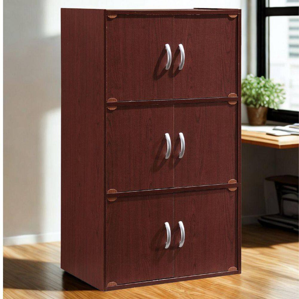 L'Baiet 40.8 in. Tall Mahogany Wood 3-Shelf Bookcase with 6-Doors ...