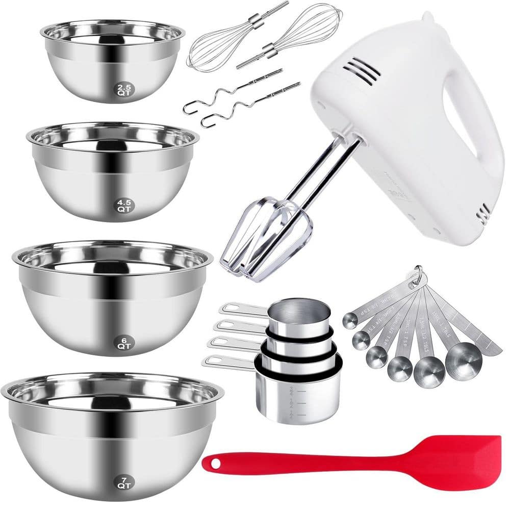 Wudkey Stainless Steel Mixing Bowls Set with 5-Speed Electric Hand ...