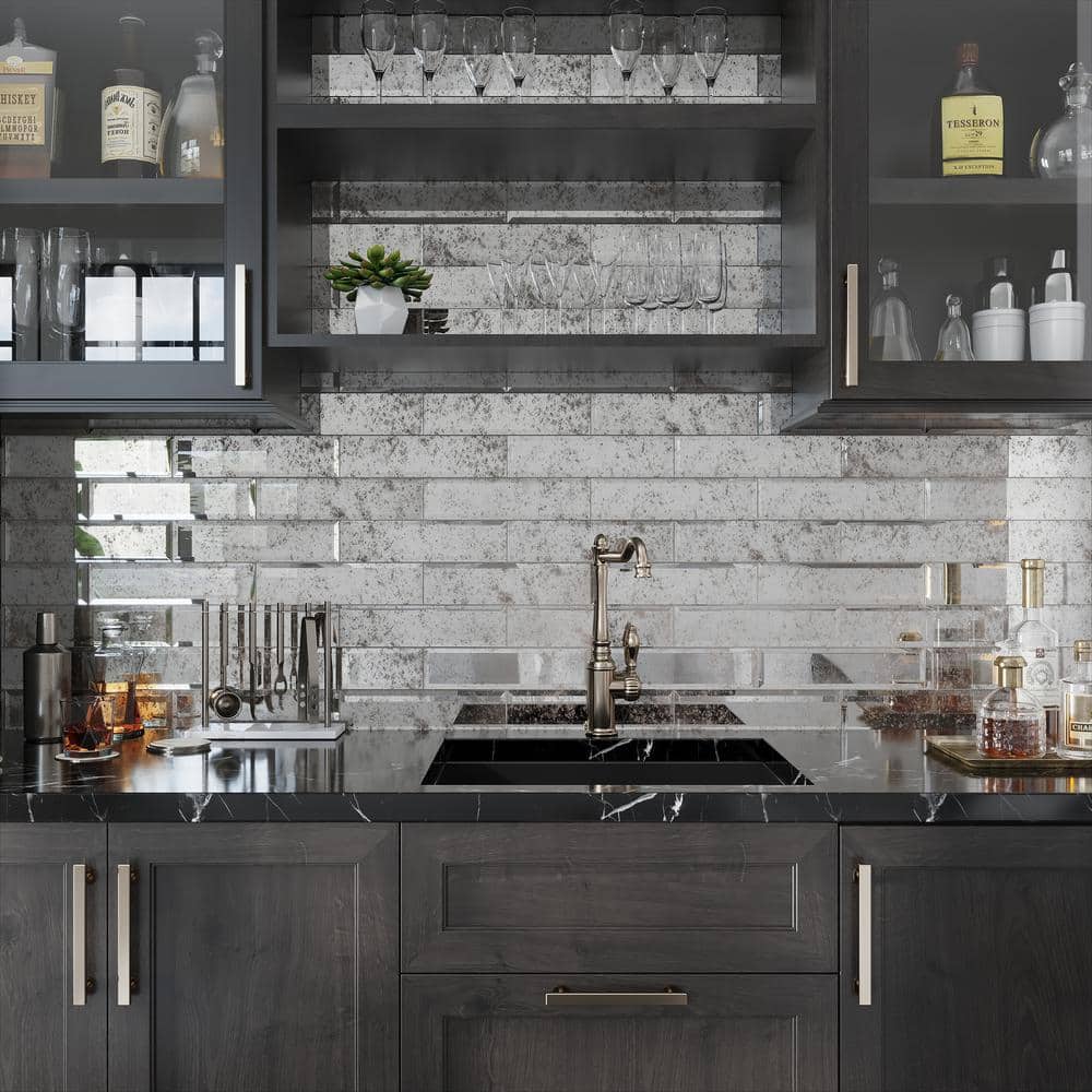 Apollo Tile Silver 3 in. x 12 in. Beveled Polished Glass Subway Wall ...