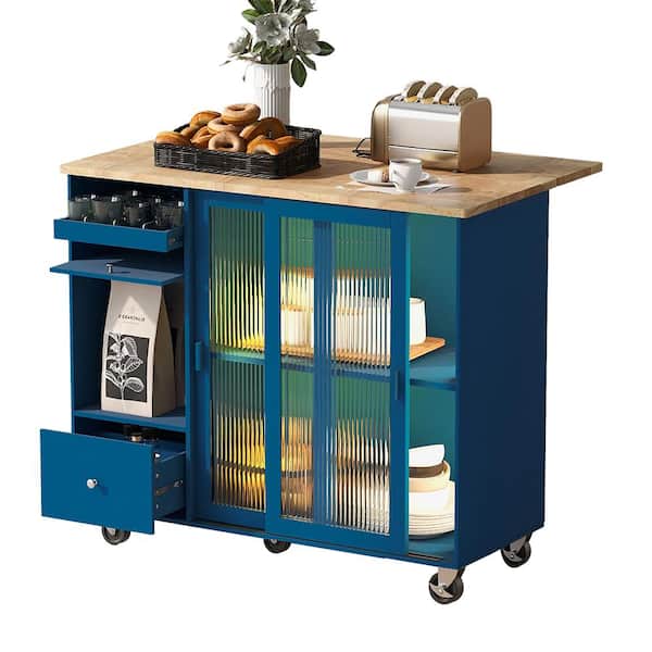 YOFE Blue Kitchen Island Cart with Drop Leaf, Kitchen Cart with LED ...