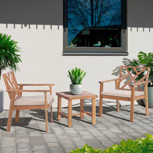 Werph Brown 3 Piece Acacia Wood Patio Furniture Set with Light Gray Cushions PCT3W