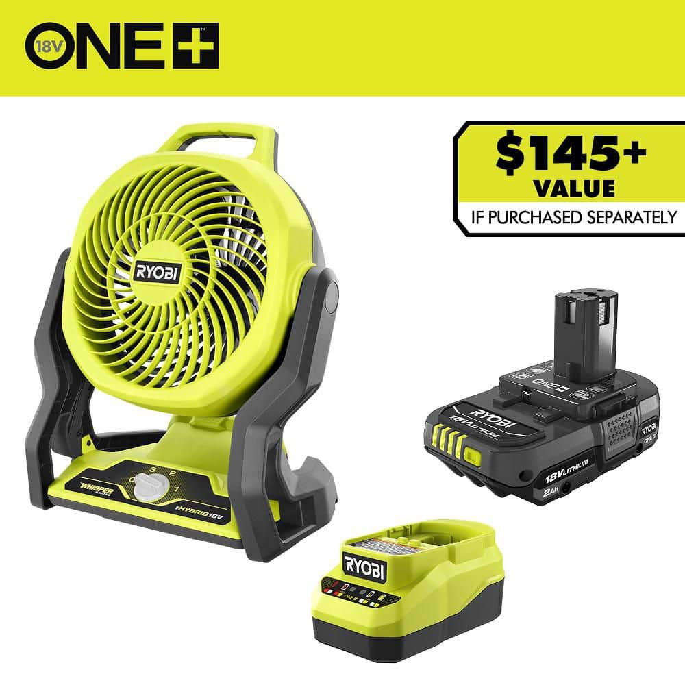 RYOBI ONE+ 18V Cordless Hybrid WHISPER SERIES 7-1/2 in. Fan with 2.0 Ah ...