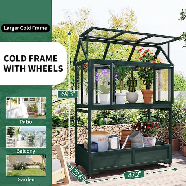 Garden Wood Portable Cold Frame with Movable Wheels Mini Greenhouse ...