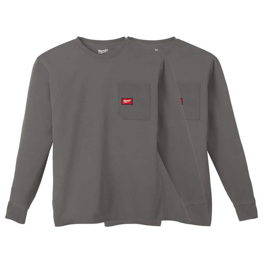 Milwaukee Men's Medium Gray GRIDIRON Cotton/Polyester Long-Sleeve Pocket T-Shirt (2-Pack) 606G-M ...