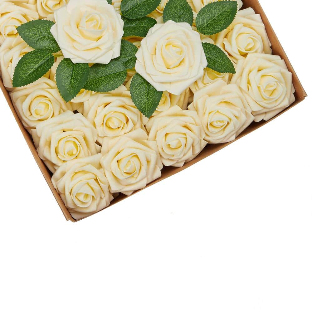 50-Piece Cream 9.84 in. Height Artificial Roses Flowering Plants for ...