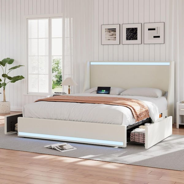 Reviews for VECELO Upholstered Bed Beige Metal Frame Queen Platform Bed ...