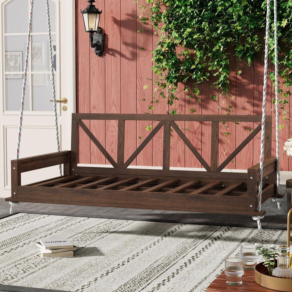 Zeus & Ruta Brown Acacia Wood Twin Size Porch Swing Bed with with 16 ...