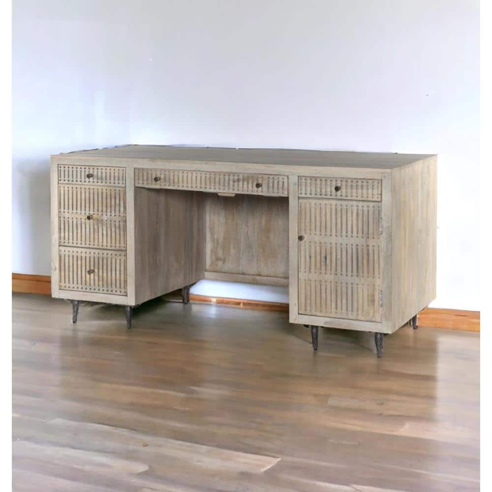 HomeRoots 64 in. Rectangular Ivory Iron 5-Drawer Computer Desks ...