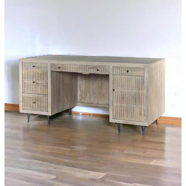 HomeRoots 64 in. Rectangular Ivory Iron 5-Drawer Computer Desks ...