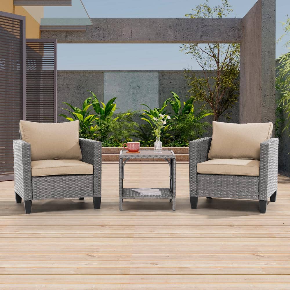 JOYESERY 3-Piece Gray Wicker Patio Bistro Set Outdoor Single Sofa Set ...