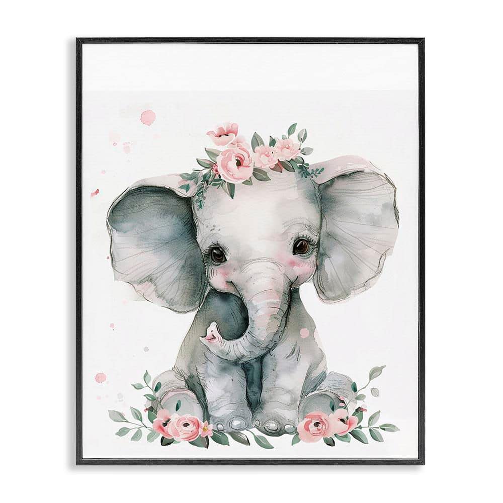 Stupell Industries Nursery Floral Elephant by LSR Design Studio Black ...