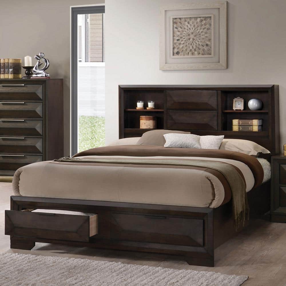 Furniture of America Pinnete Brown Wood Frame Queen Platform Bed with ...