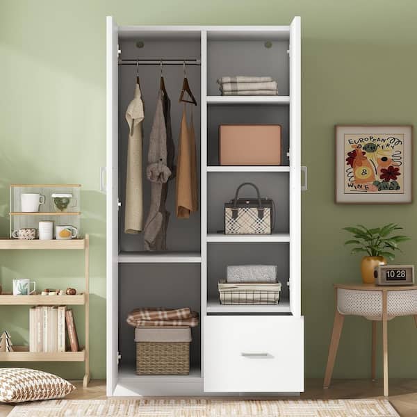Harper & Bright Designs White Wooden 31.5 in. Wardrobe Armoire with Hanging Rod, 5 Fixed Shelves ...
