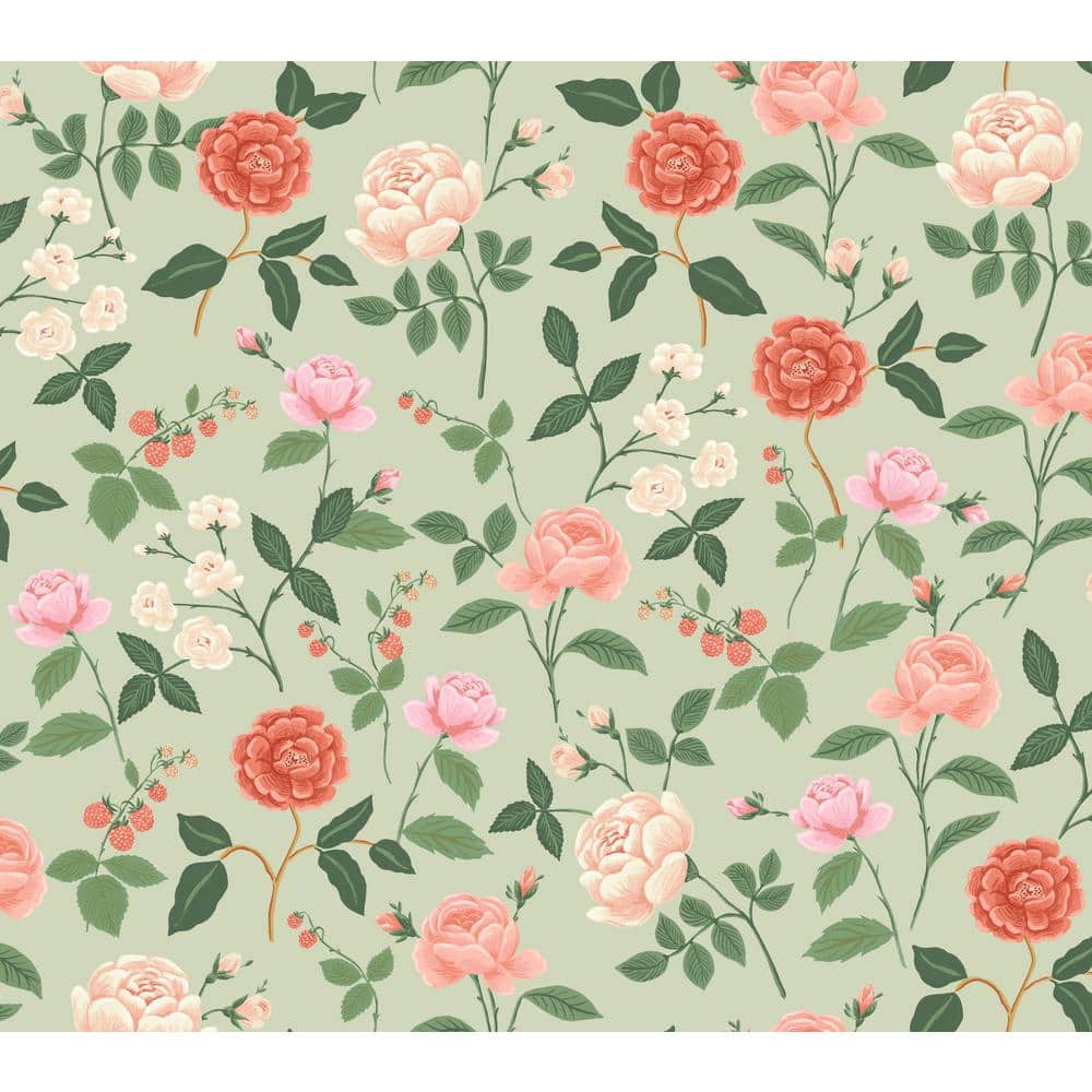 RIFLE PAPER CO. Roses Mint Pink Matte Non-Pasted Wallpaper RF7545 - The ...