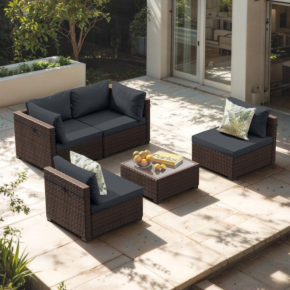 UPHA 5-Piece Brown Wicker Sectional Seating Group with Coffee Table and ...