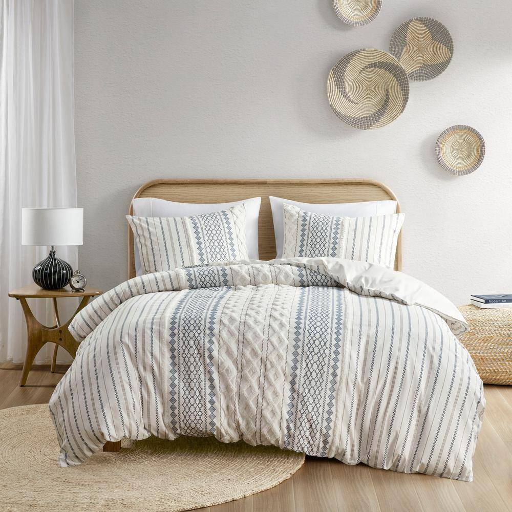 INK+IVY Imani 3-Piece White/Navy Cotton King/Cal King Duvet Cover Set ...