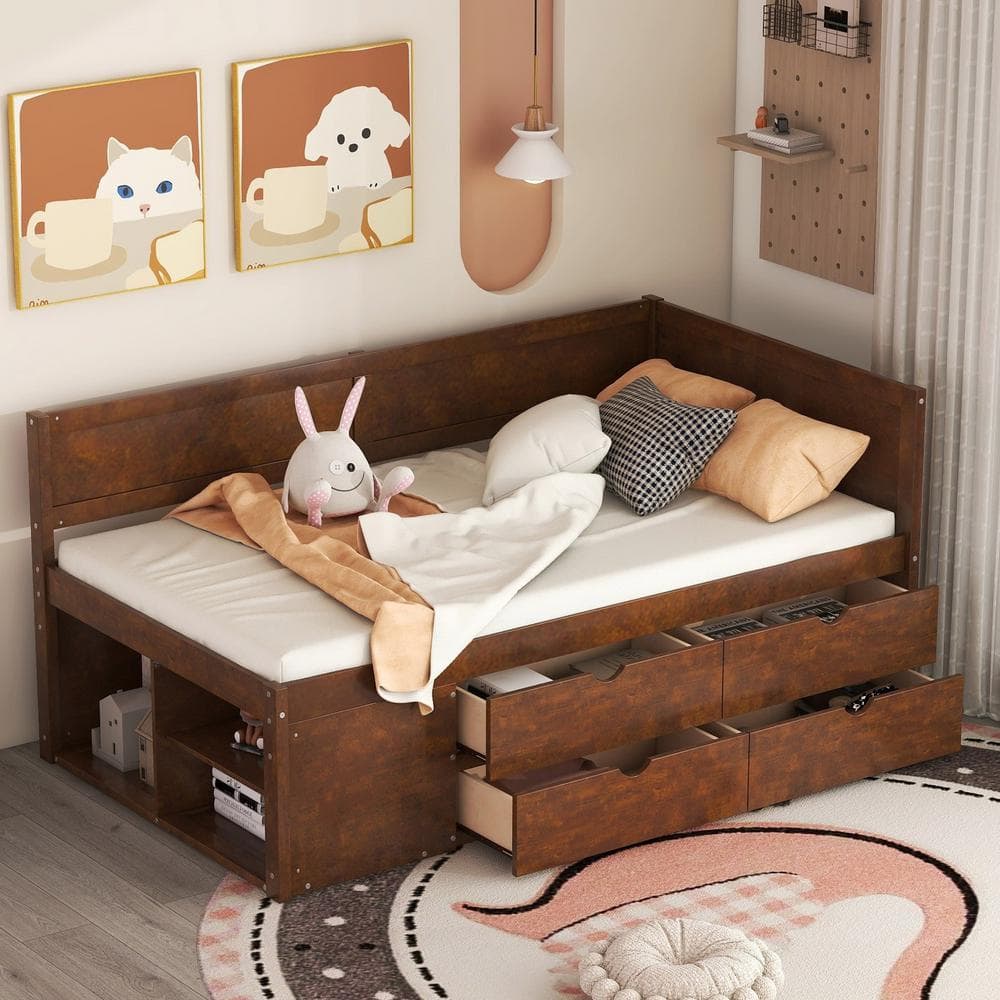 Harper Bright Designs Walnut Wood Frame Twin Size Daybed with Under Bed Shelves 4 Storage Drawers QMY263AAD T The Home Depot