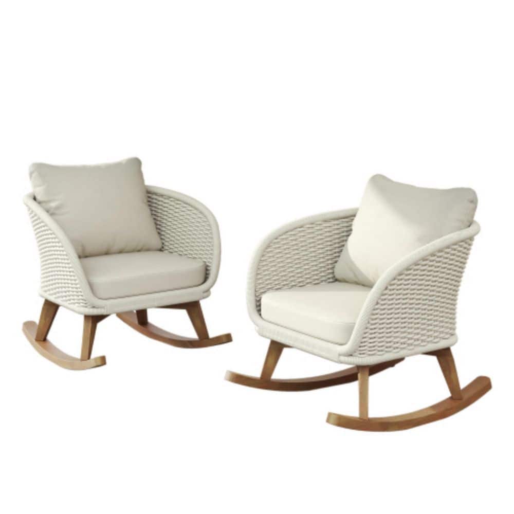 Dracelo Series Frame Beige Wicker Metal Rocking Outdoor Rocking Chair ...