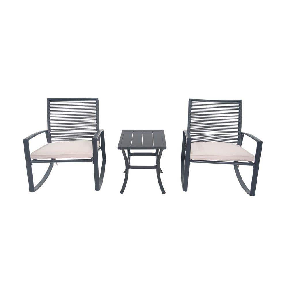 Sudzendf 3-Piece Metal Rocking Outdoor Bistro Set with Beige Cushion ...