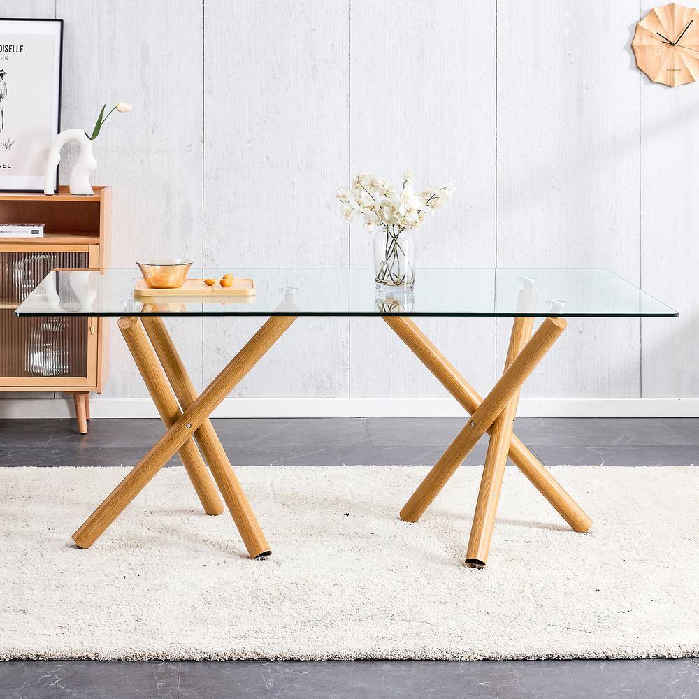Polibi Large Modern Rectangular Clear Glass Dining Table 71 in. Wood ...