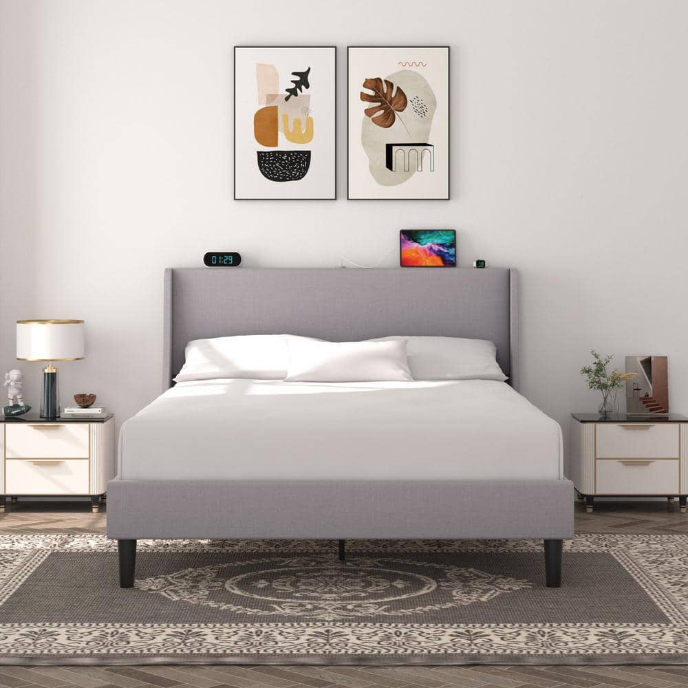 VECELO Upholstered Bed, Light Gray Metal Frame Full Platform Bed with ...