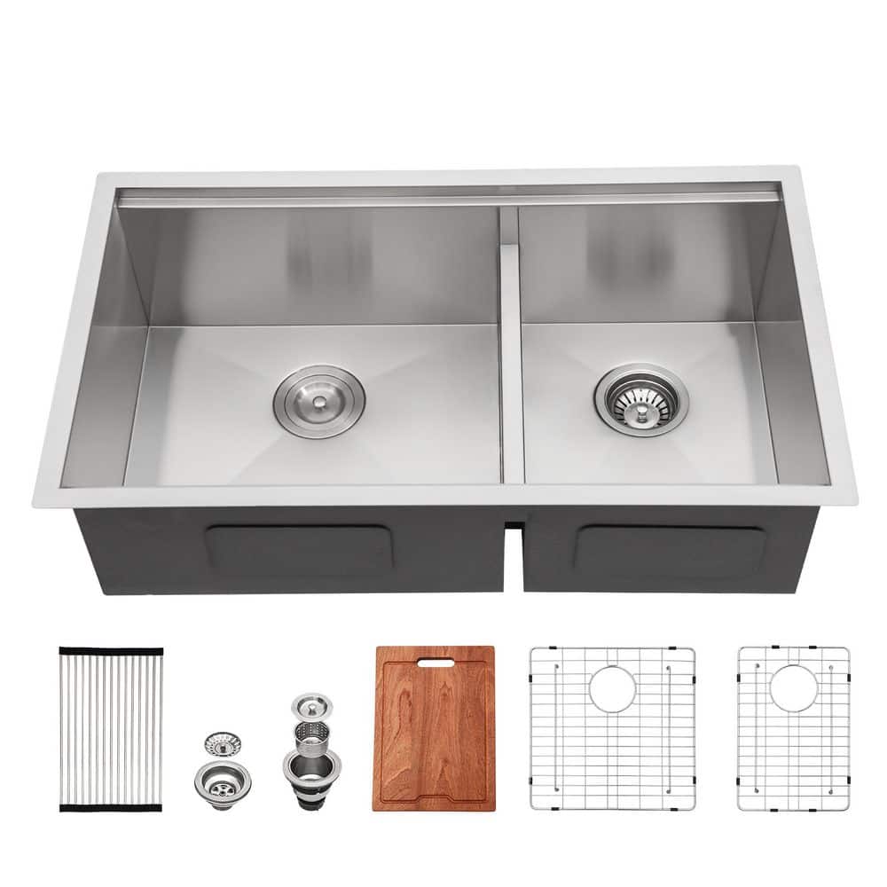 Sarlai 33 in. Undermount 60/40 Double Bowl 16 Gauge Stainless Steel Low ...