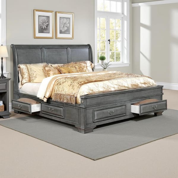 Benjara Transitional Gray Wood Frame King Size Panel Bed with Multiple ...
