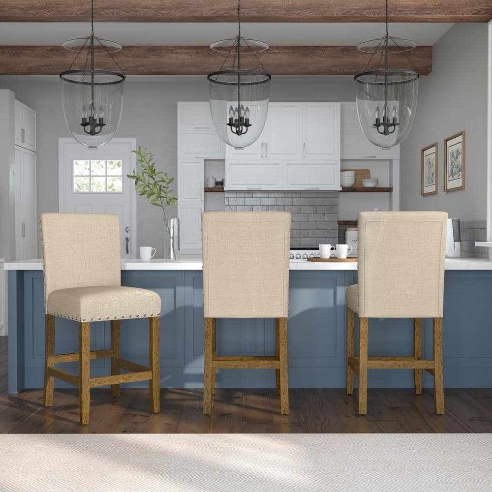 Homepop 25 in. Flax High Back Wood Bar Stool Counter Stool with ...