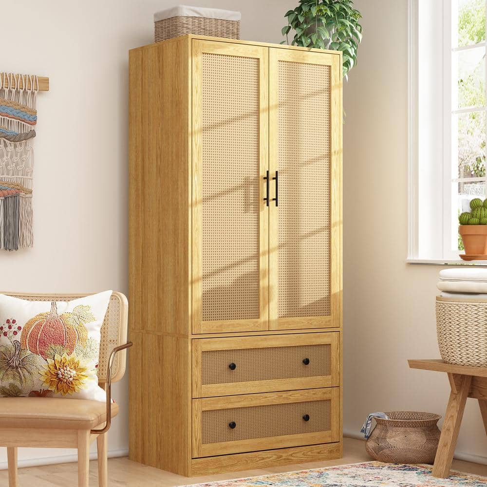FUFU GAGA Brown Wooden Grain 31.4 in. Width Wooden 70.9 High Wardrobe Armoire with 2 Tier Drawers and Hanging Bar Mathis Home