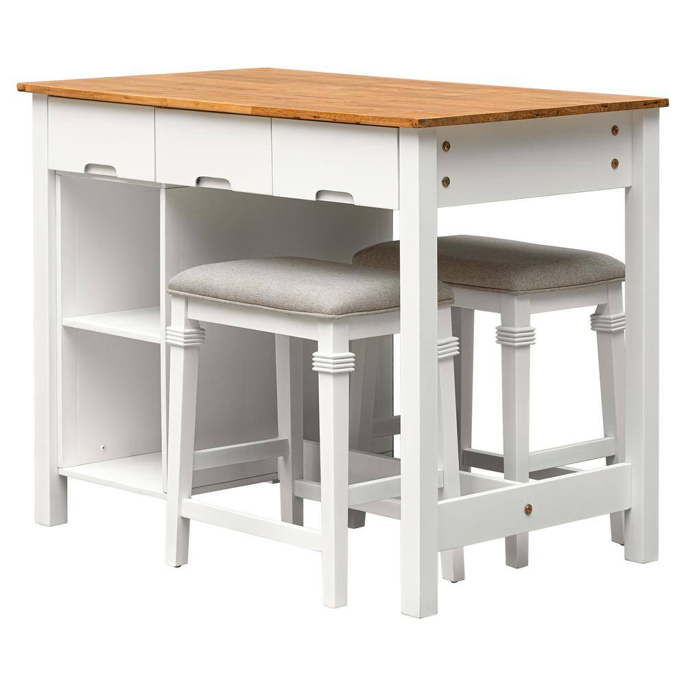 White Rubber Wood Kitchen Cart Island Set Table Set with Seats, Shelves ...
