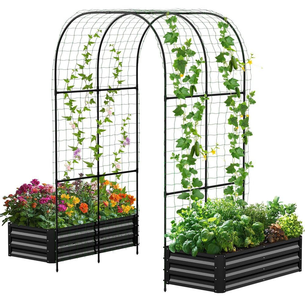 BOZTIY 3 in 1 Raised Garden Bed w/ 87 in. H Arch Trellis for Climb ...
