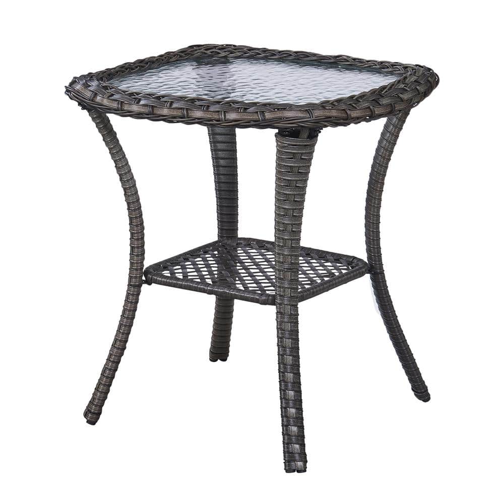 Pocassy Gray Square Wicker Outdoor Glass Side Table PJ026 - The Home Depot