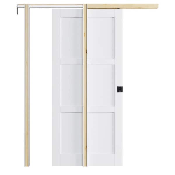 ARK DESIGN 36 in. x 80 in. Paneled 3-Lite White Primed Wood Pocket Door ...